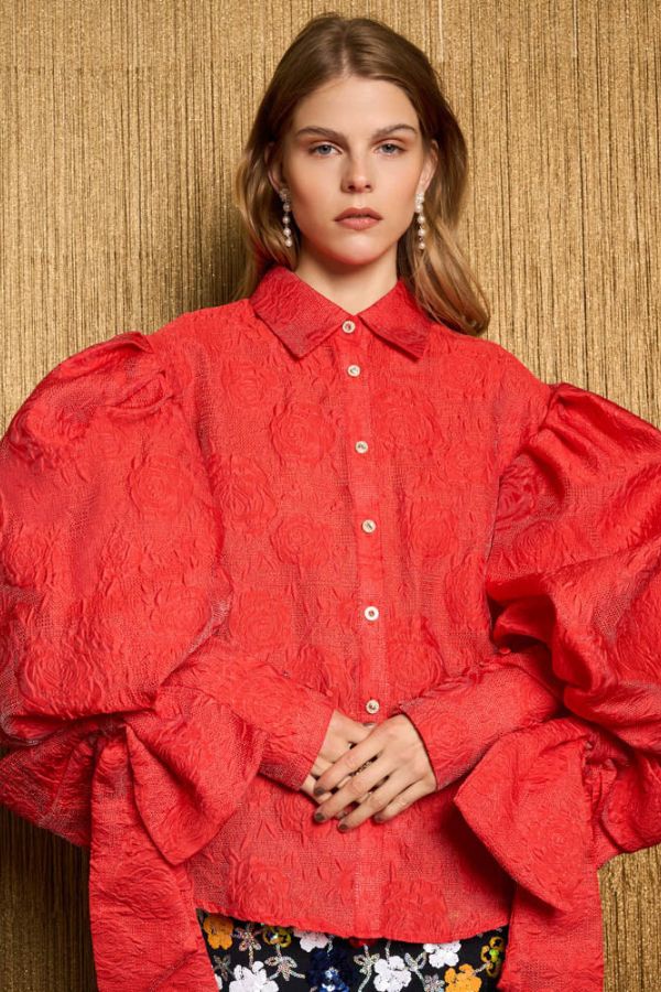 Barbara Jacquard Bow Blouse Poppy Red Loversland